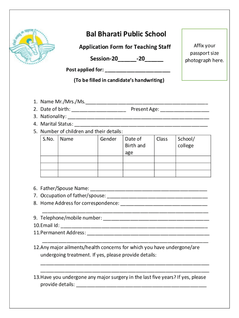 Fillable Online Application Form for Teaching Staff Session-20-20 Fax ...
