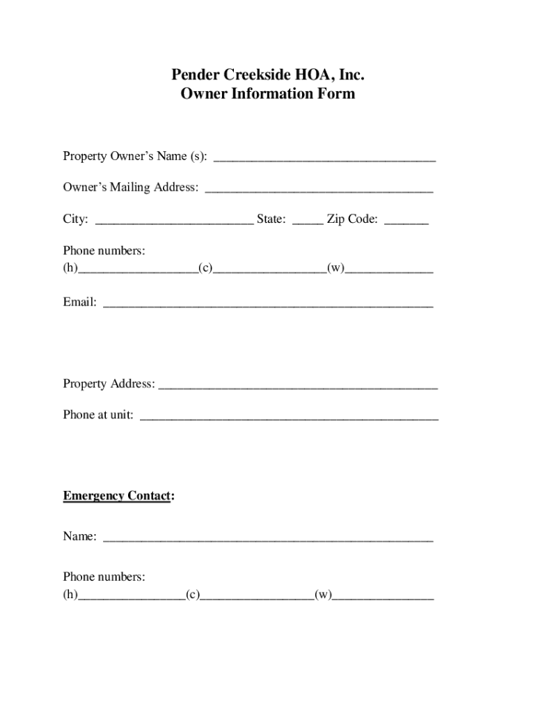 Fillable Online Pender Creekside HOA, Inc. Owner Information Form Fax Email Print - pdfFiller
