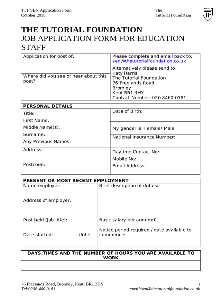 JOB APPLICATION FOR EDUCATION STAFF Doc Template | pdfFiller