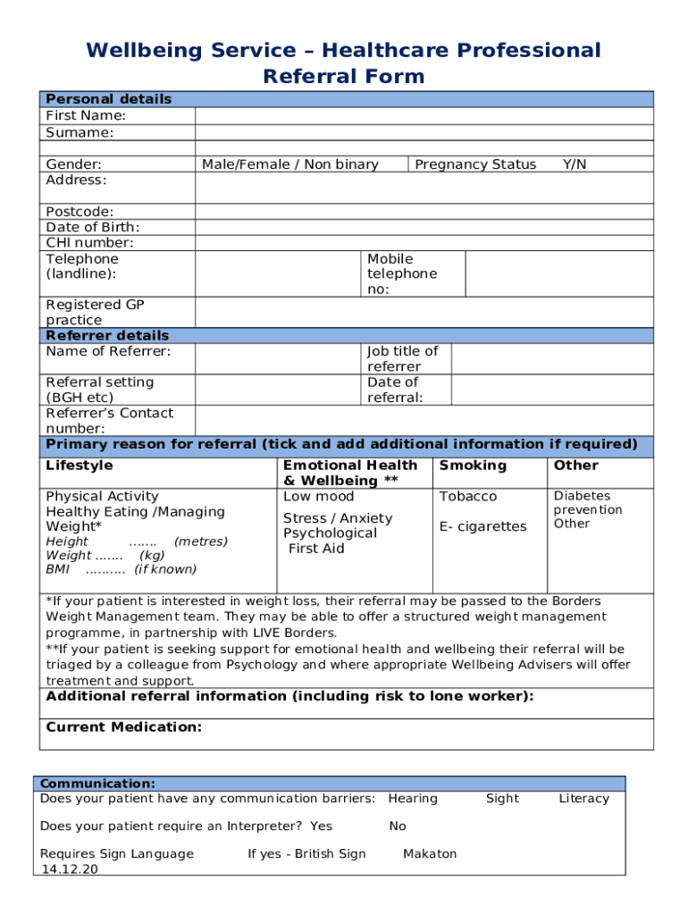 Wellbeing Service - Healthcare Professional Referral Doc Template ...
