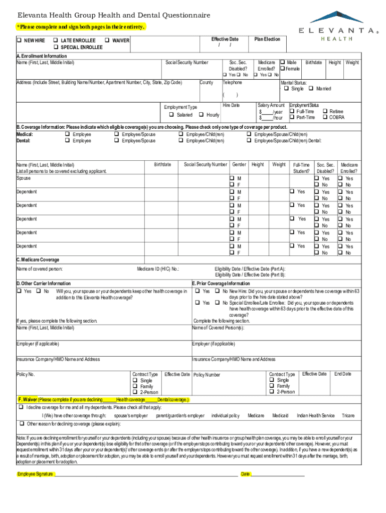 Fillable Online Elevanta Health Group Health and Dental Questionnaire Fax Email Print - pdfFiller