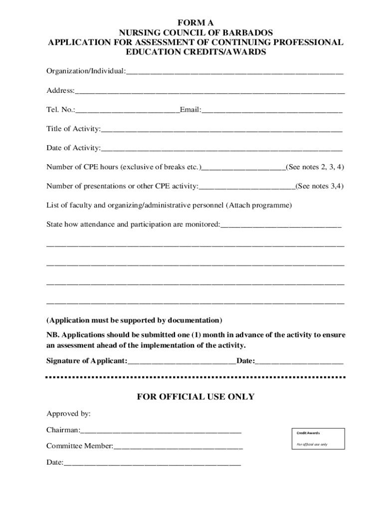 Fillable Online form a nursing council of barbados application for assessment ... Fax Email ...