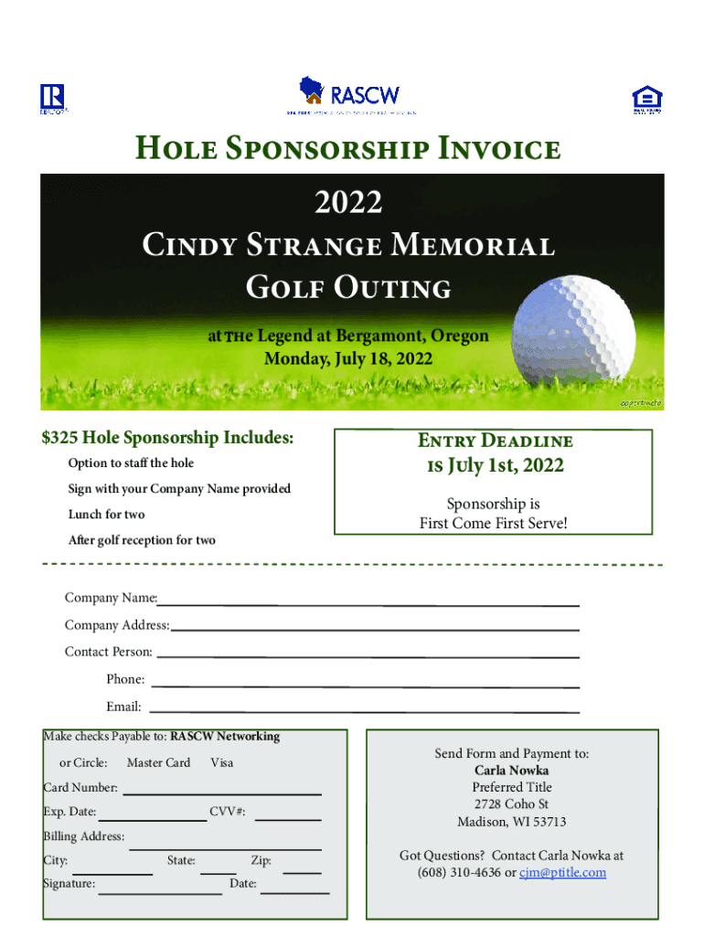 Fillable Online Hole Sponsorship Invoice 2022 Cindy Strange Memorial ...