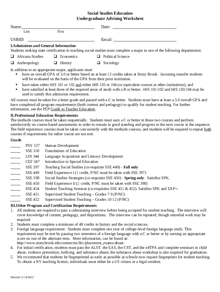 Social Studies Education Undergraduate Advising Worksheet Doc Template ...
