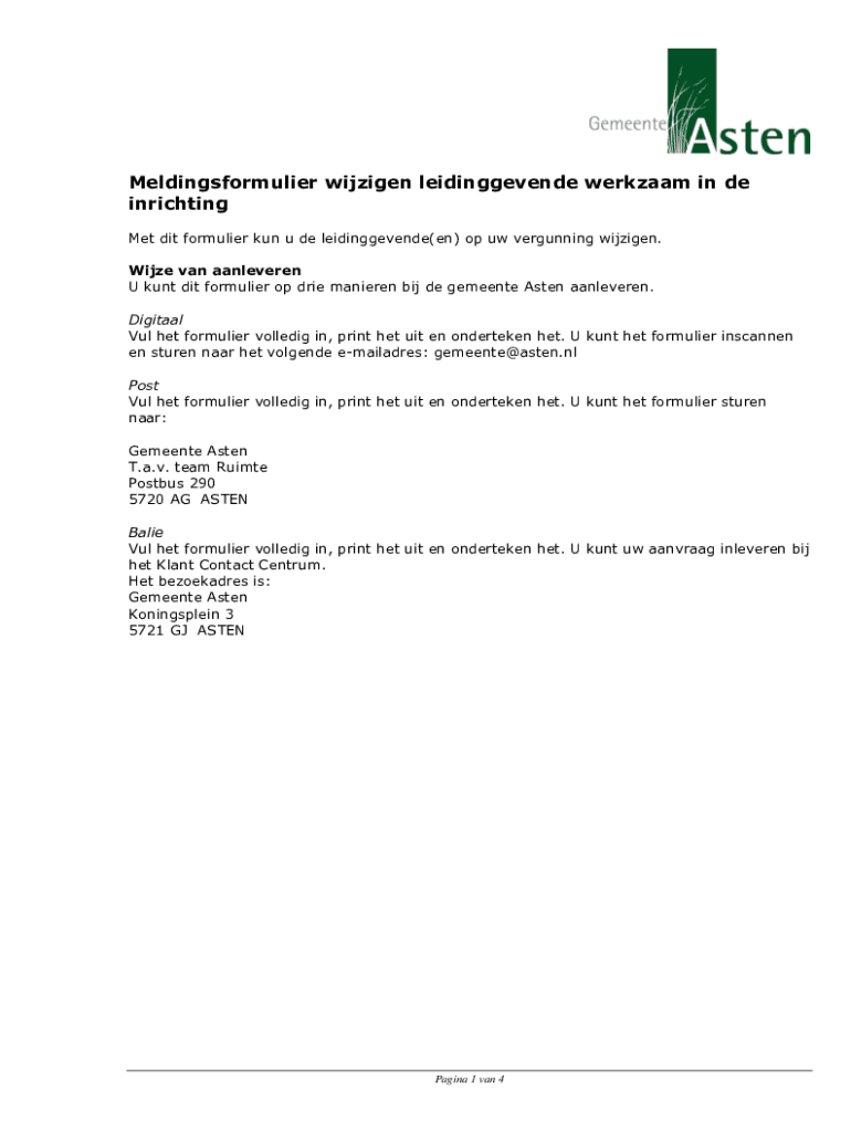 Invulbaar Online Meldingsformulier wijzigen leidinggevende werkzaam in de Faxnummer Email ...