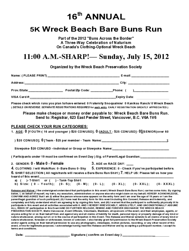 Fillable Online 5K Wreck Beach Bare Buns Run Fax Email Print - pdfFiller