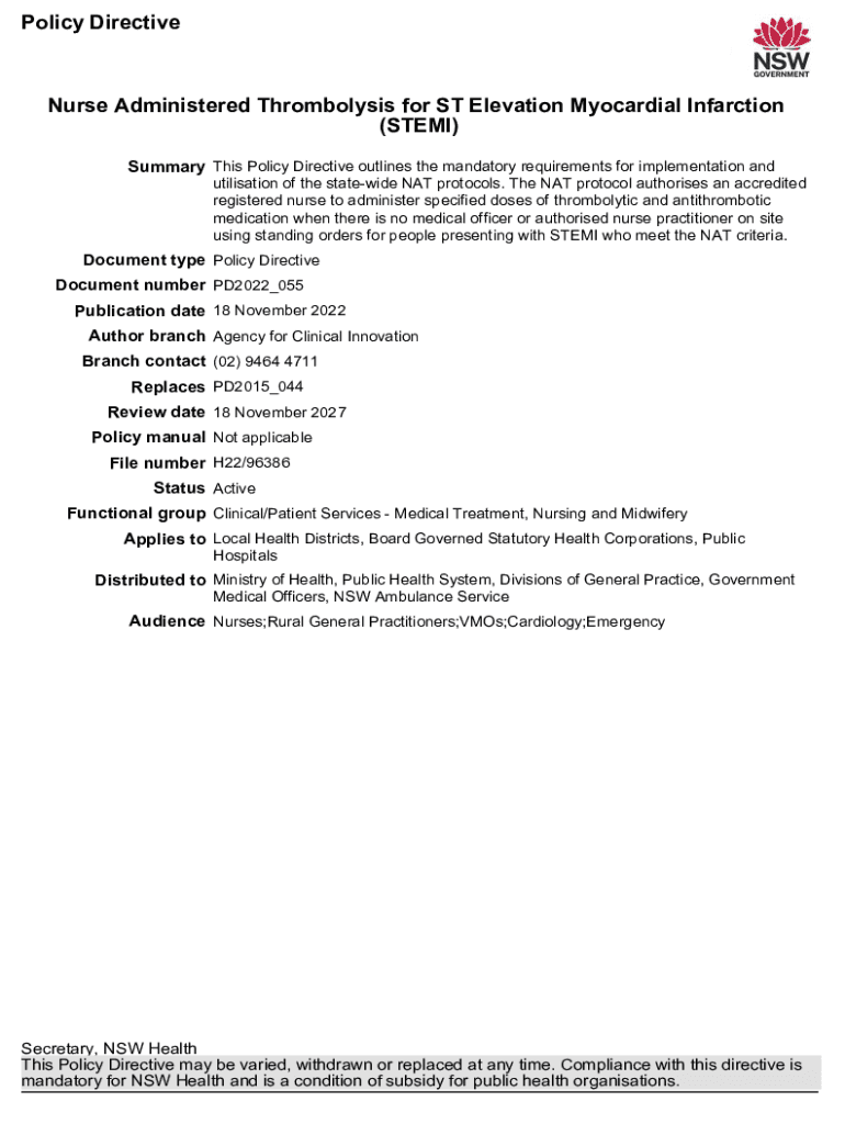 Fillable Online www1 health nsw gov Nurse Administered Thrombolysis for ...