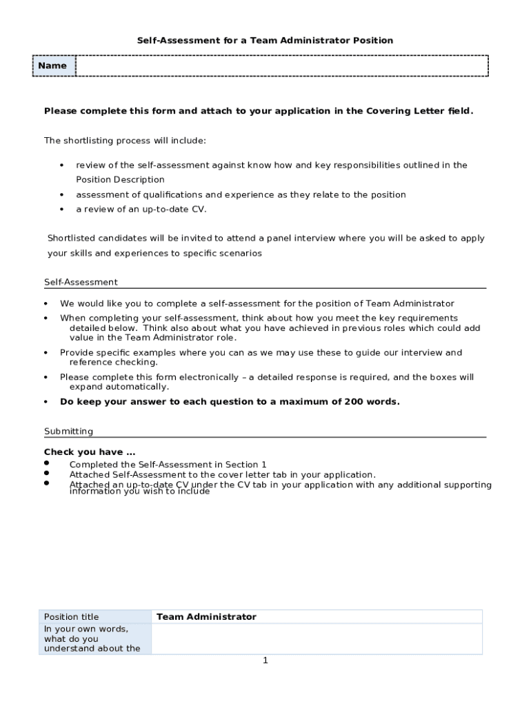 Self-Assessment for a Team Administrator Position Doc Template | pdfFiller