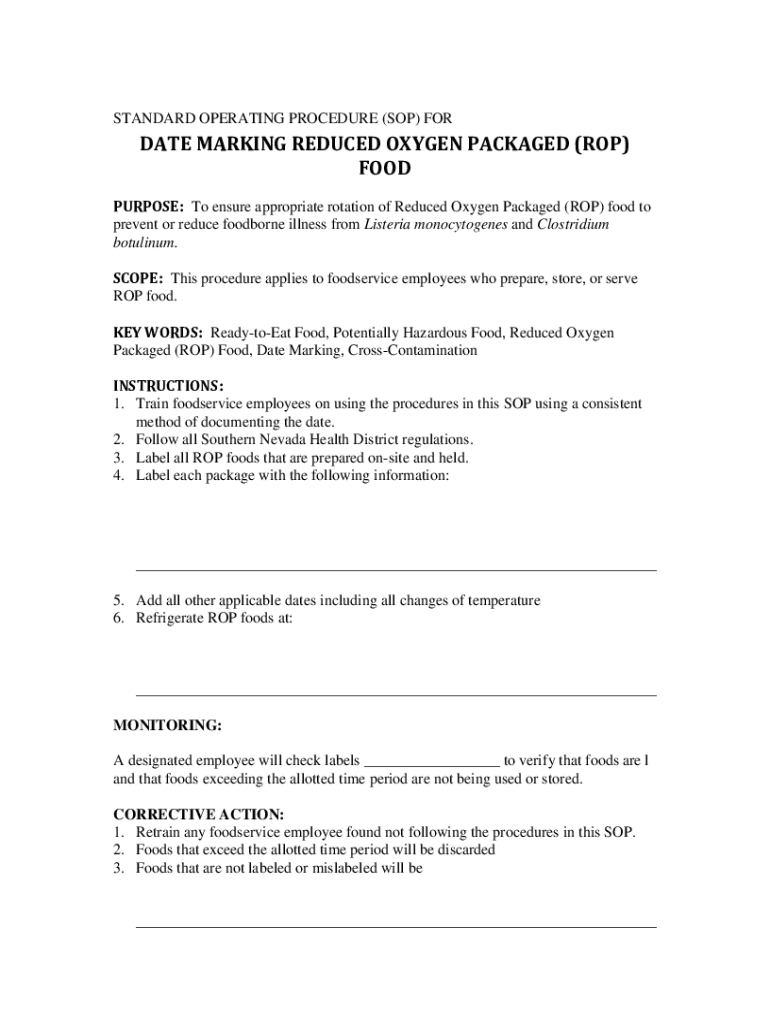 Fillable Online SOP for Cooking Reduced Oxygen Packaged (ROP) Foods Fax ...