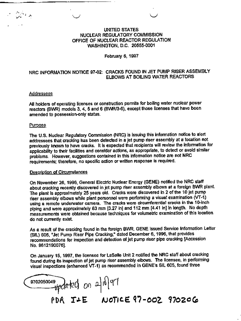 Fillable Online Information Notice No. 97-19: Safety Injection System ...