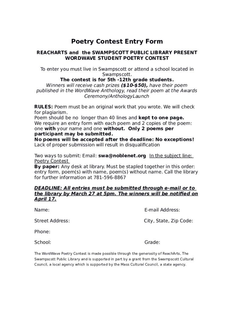 Poetry Contest Entry Doc Template | pdfFiller