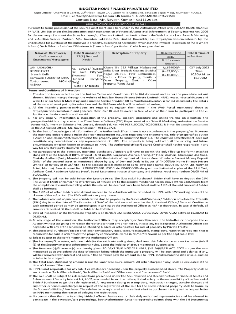Fillable Online INDOSTAR HOME FINANCE PRIVATE LIMITED Regd. Office Fax Email Print - pdfFiller