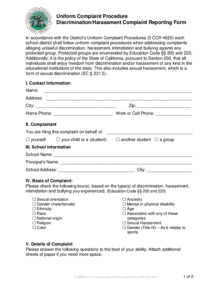 Fillable Online Uniform Complaint Procedure Discrimination/Harassment ... Fax Email Print ...