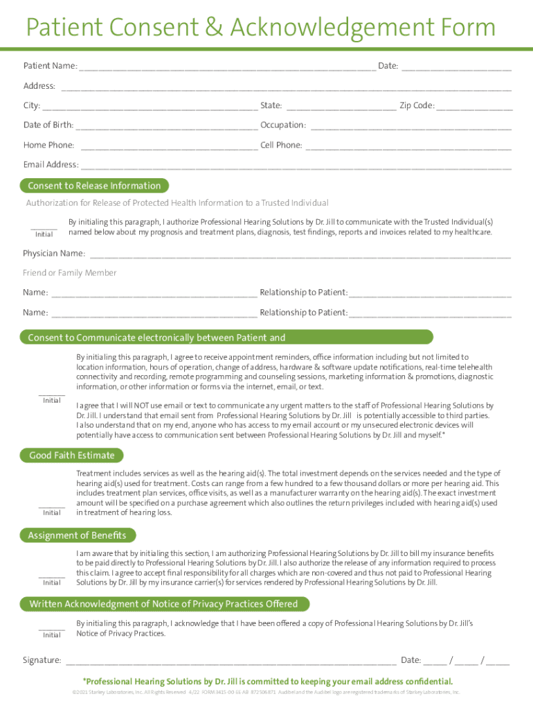 Fillable Online Patient Consent & Acknowledgement Form - Professional ...
