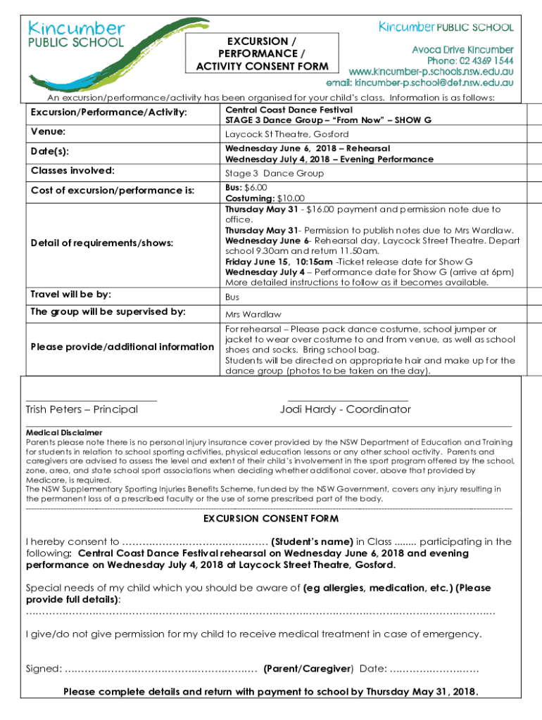 Fillable Online Excursion, Performance and Activity Consent ...