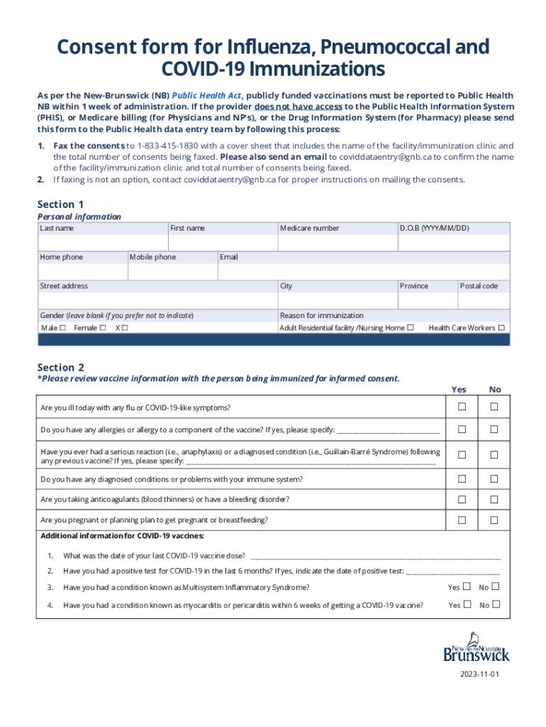 Fillable Online www2 gnb Consent form for Influenza, Pneumococcal and ...