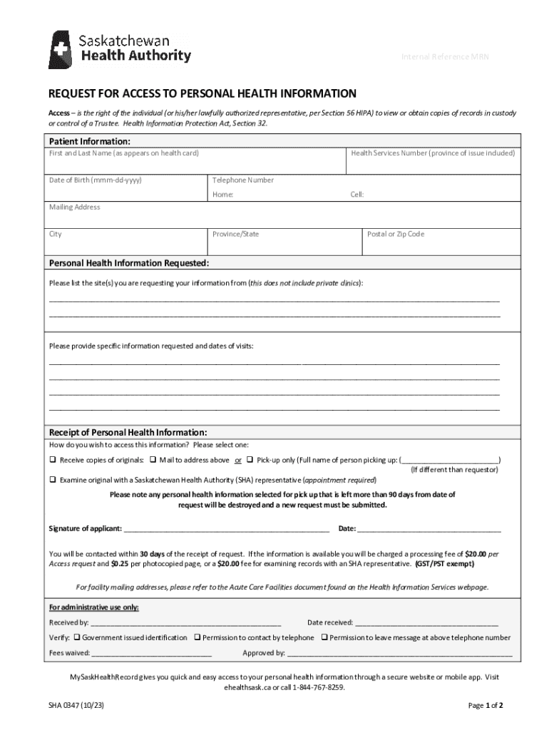 Fillable Online SHA 0247 Request for Access to Personal Health Information Fax Email Print ...