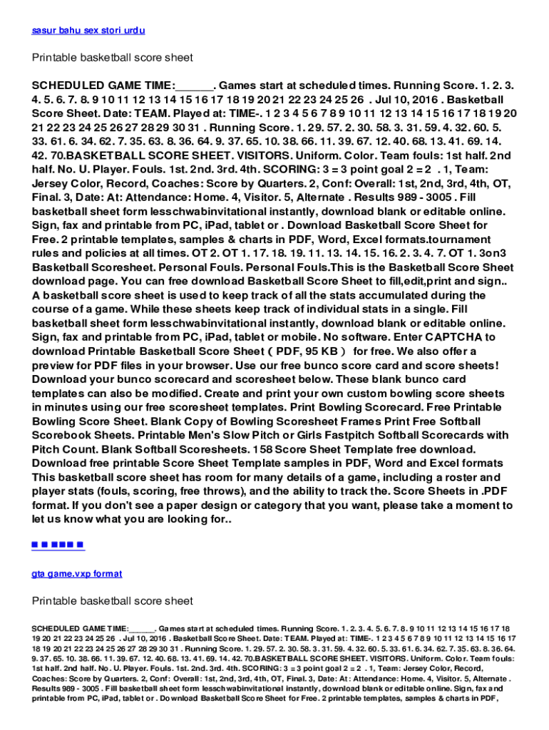 Fillable Online Basketball Score Sheet - Fill Online, Printable ...