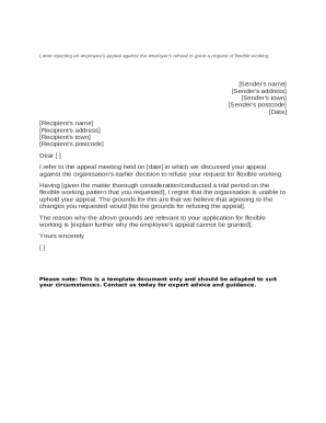 Flexible working request refused letter template Doc Template | pdfFiller