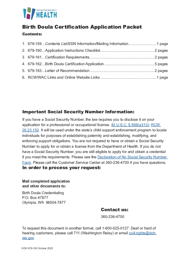 Fillable Online doh wa Birth Doula Certification Application Packet. An ...