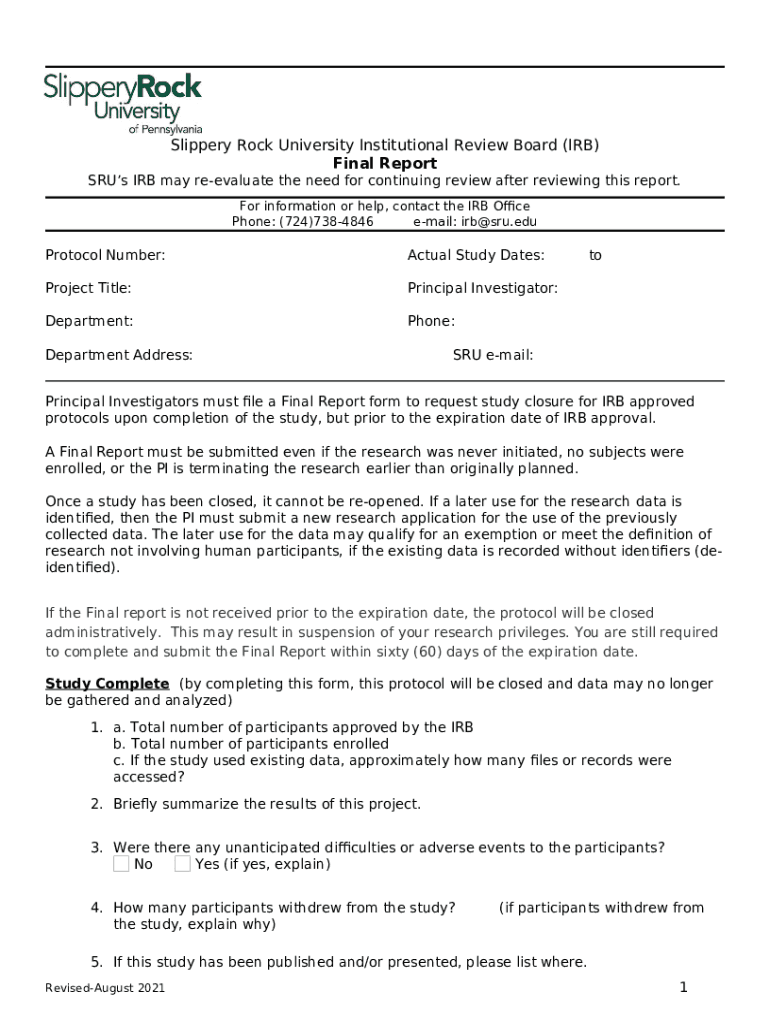 SRU's Institutional Review Board sees broad impact of ... Doc Template | pdfFiller