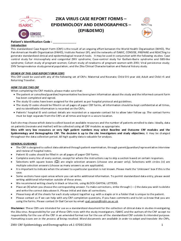 Fillable Online ZIKA VIRUS CASE REPORT FORMSEPIDEMIOLOGY ... Fax Email Print - pdfFiller