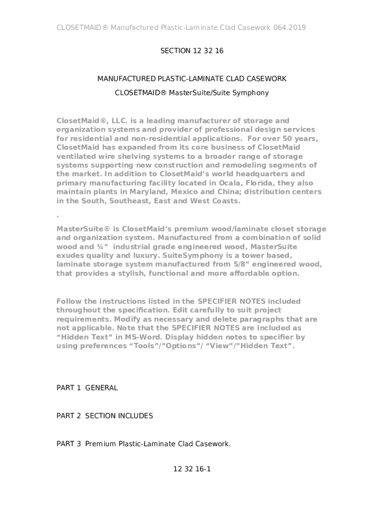 MANUFACTURED PLASTIC LAMINATE CLAD CASEWORK Doc Template | pdfFiller