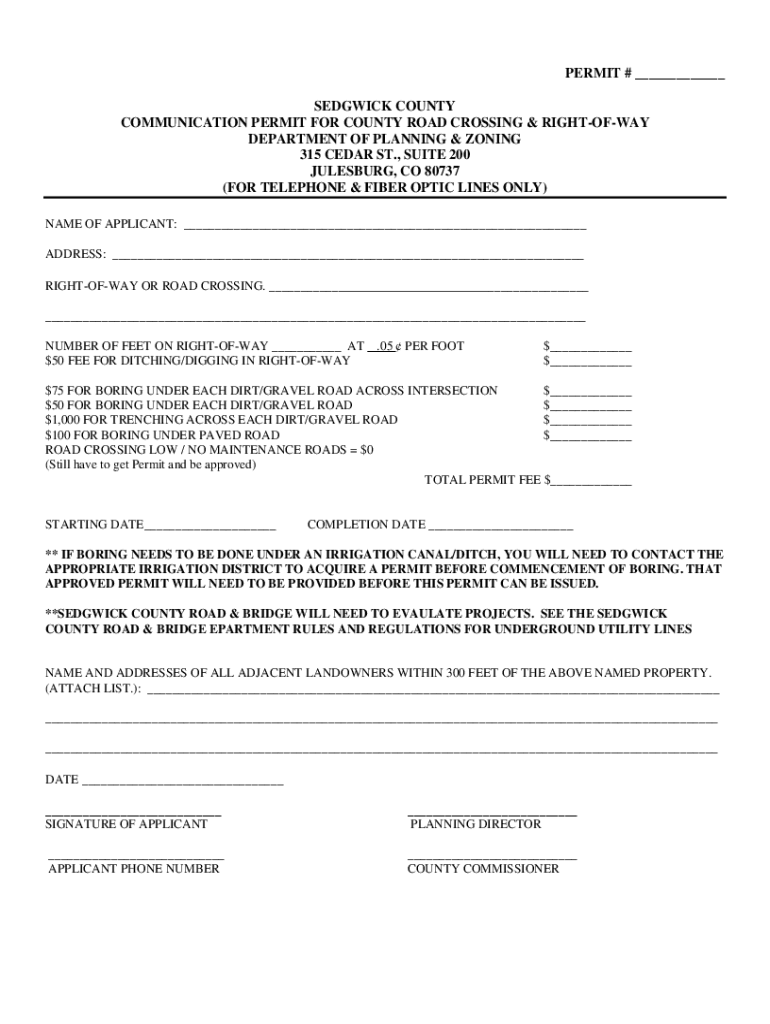 Fillable Online COMMUNICATION LINE PERMIT ROAD CROSSINGS & ... Fax ...