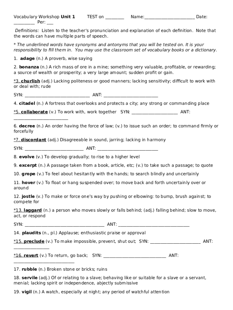 Vocabulary Workshop Level E Unit 1 - Complete Sentence Doc Template ...