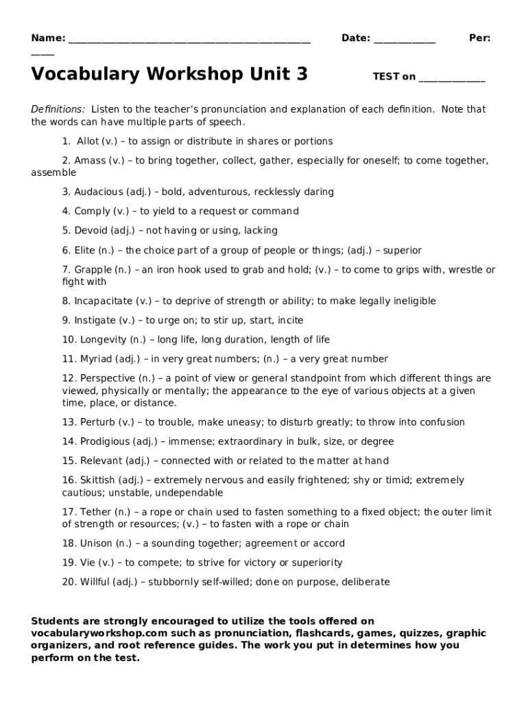 Vocabulary Workshop Unit 3 Lvl. E (Choosing the Right ... Doc Template ...