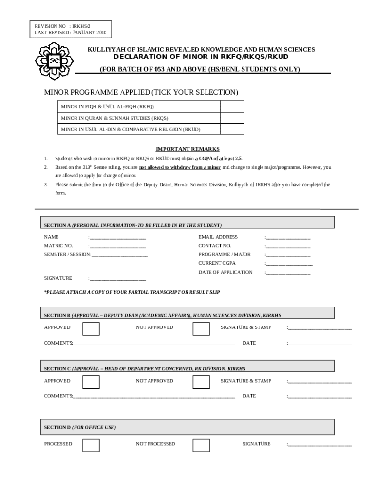 Declaration of Minor in RKFQ-RKQS- ... Doc Template | pdfFiller