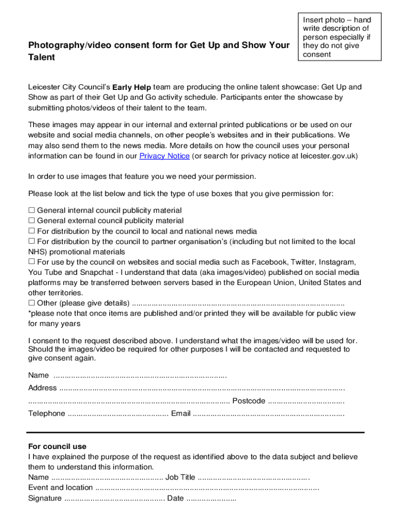 Fillable Online Photography/video consent form for Get Up and Show Your ...
