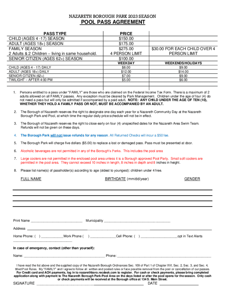 Fillable Online POOL PASS AGREEMENT Fax Email Print - pdfFiller