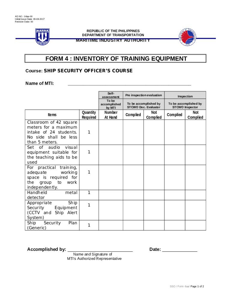 4 4 Inventory of Training Equipment - STCW Office Doc Template | pdfFiller