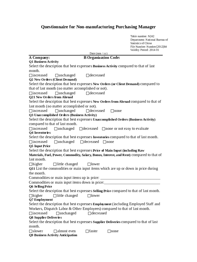 Questionnaire for Non-manufacturing Purchasing Manager Doc Template ...