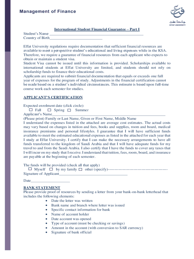 Fillable Online Financial Guarantee Requirement for New Students Fax ...