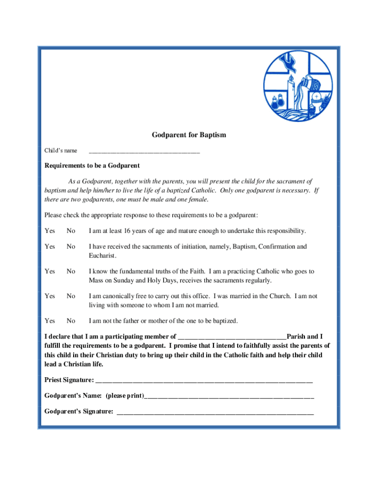 Fillable Online Choosing Godparents for Baby's BaptismRoman Catholic ...