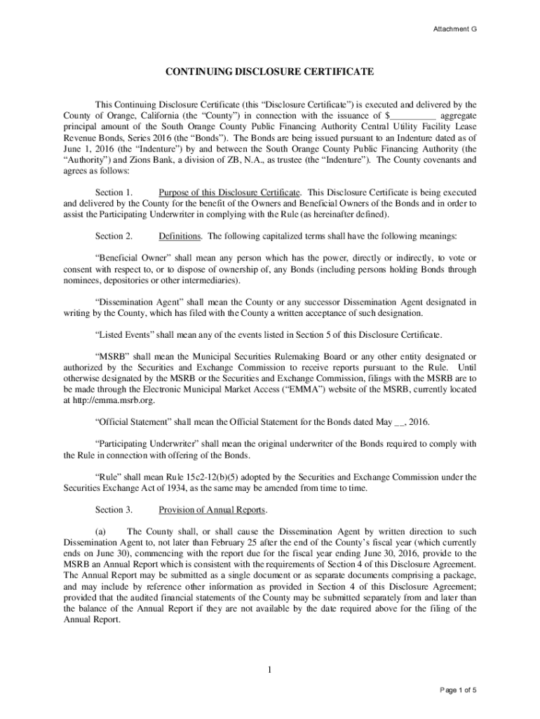 Fillable Online district continuing disclosure certificate Fax Email ...