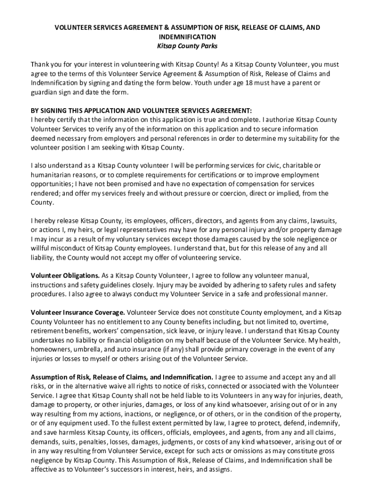 Fillable Online VOLUNTEER SERVICES AGREEMENT & ASSUMPTION OF RISK ...