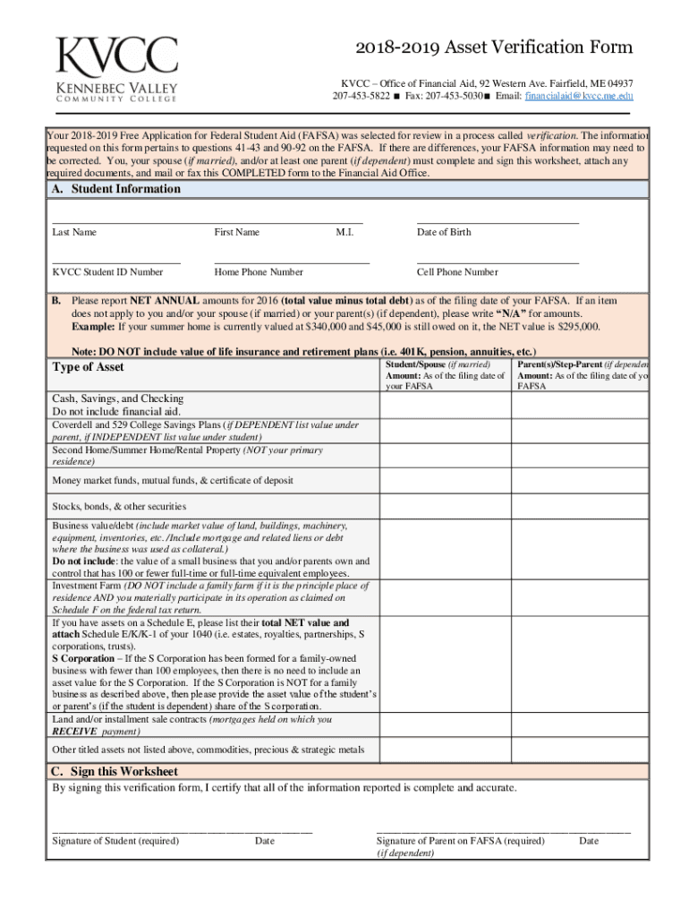 Fillable Online Fillable Online KVCC Financial Aid Office, 92 Western ...