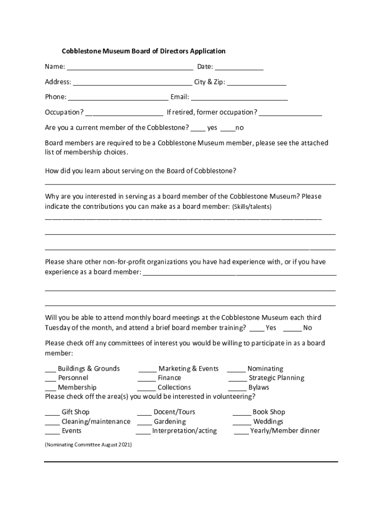 Fillable Online Cobblestone Museum Board of Directors Application Fax ...