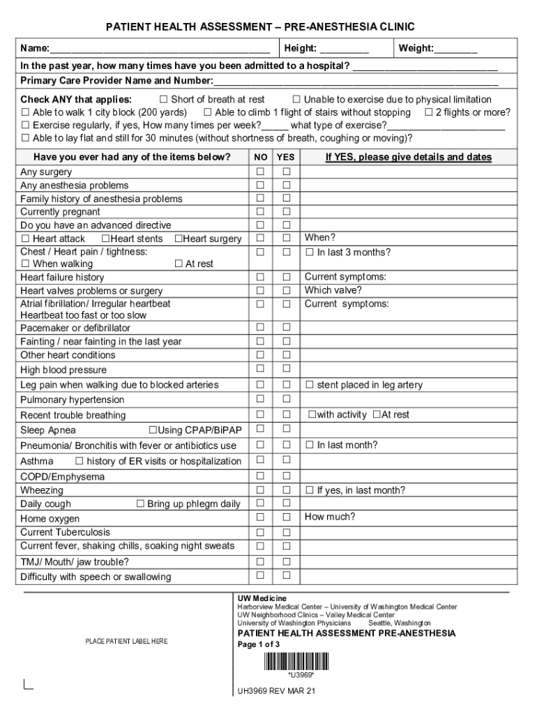 Fillable Online UH3969 Patient Health Assessment - Pre-Anesthesia ...