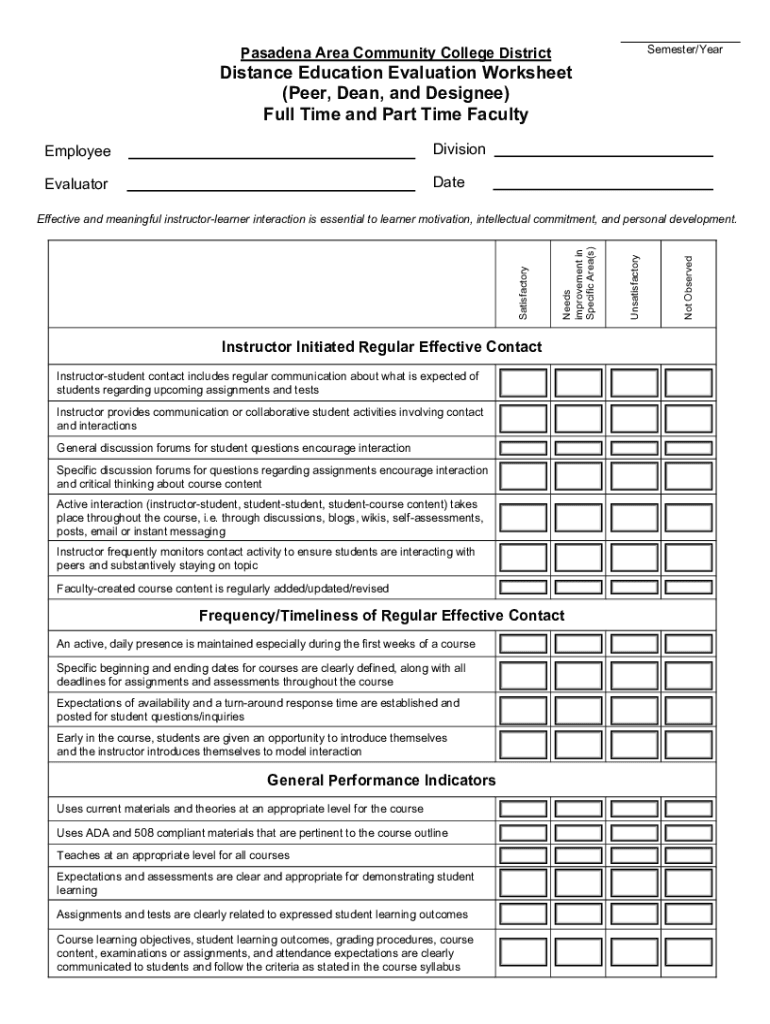 Fillable Online Distance Education Evaluation Worksheet (Peer, Dean ...