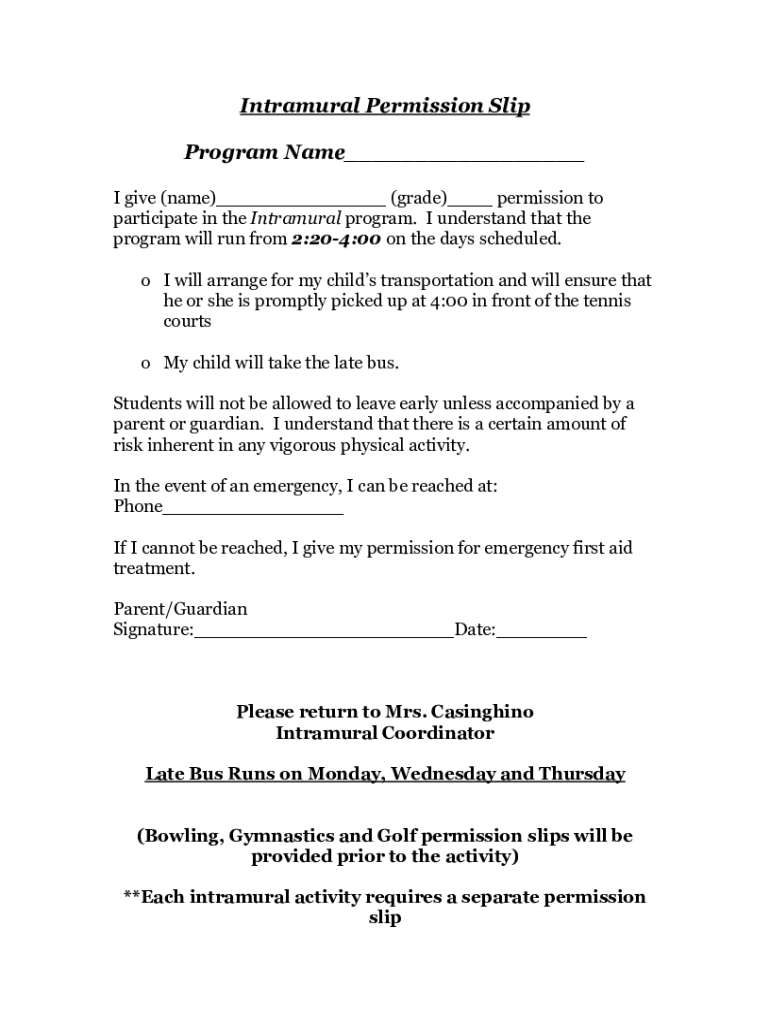 Fillable Online Intramurals / Intramural Permission Form Fax Email ...