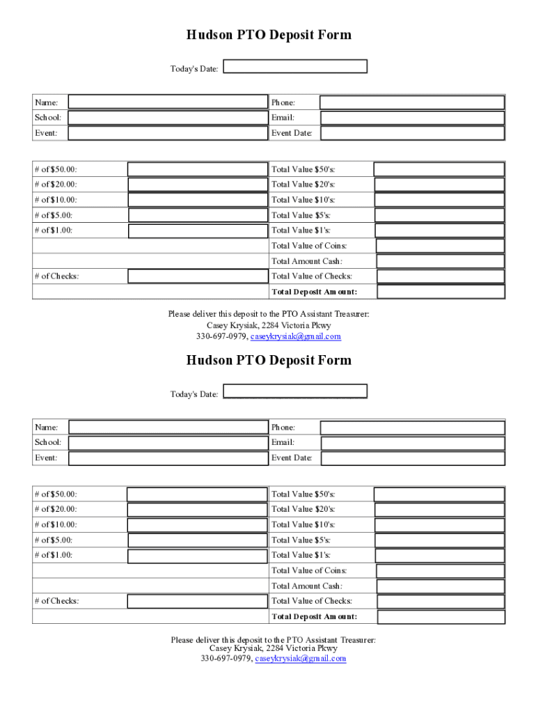 Fillable Online Hudson PTO Deposit Form Fax Email Print - pdfFiller