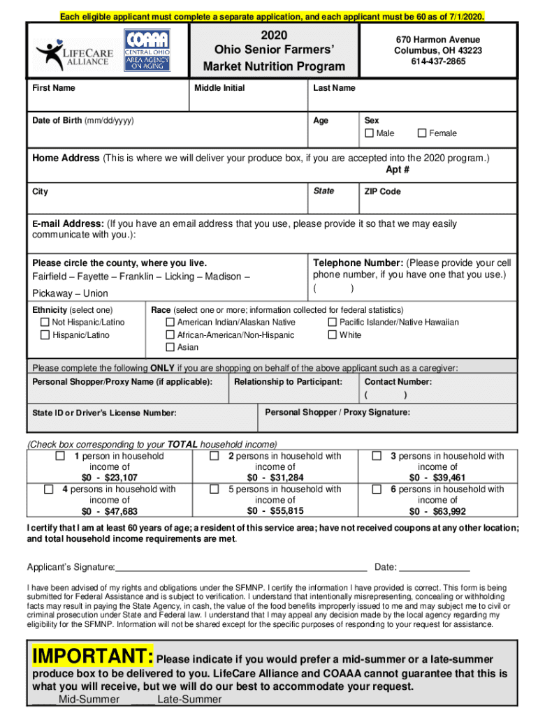 Fillable Online 2020 Ohio Senior Farmers' Market Nutrition Program Fax ...