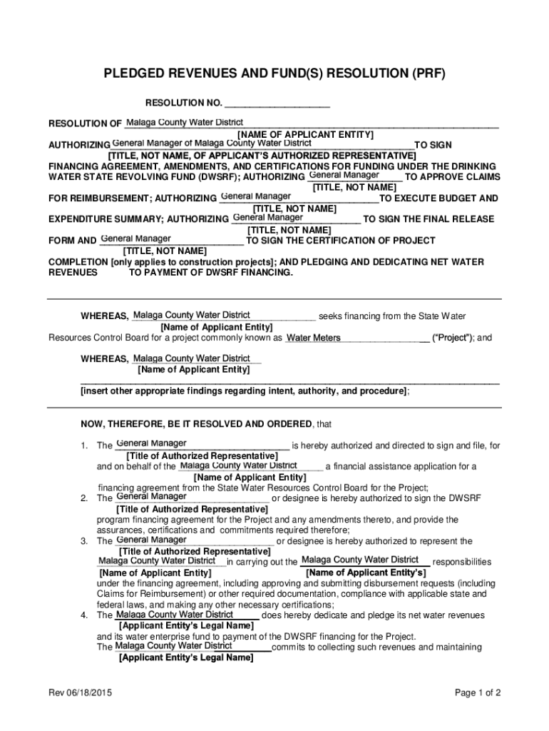 Fillable Online sample pledged revenue and funds (prf) resolution for ...