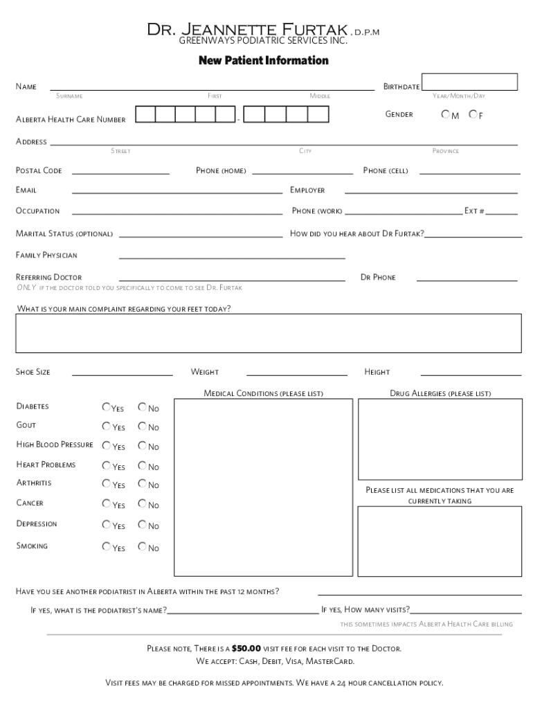 Fillable Online Greenways Podiatric. New Patient Information form for Dr Furtak's patients Fax ...