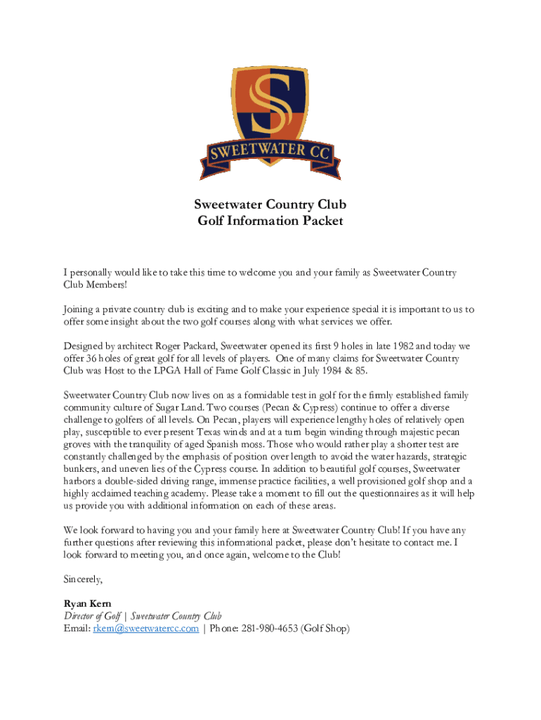 Fillable Online Sweetwater Country Club Member Welcome Packet - Golf ...