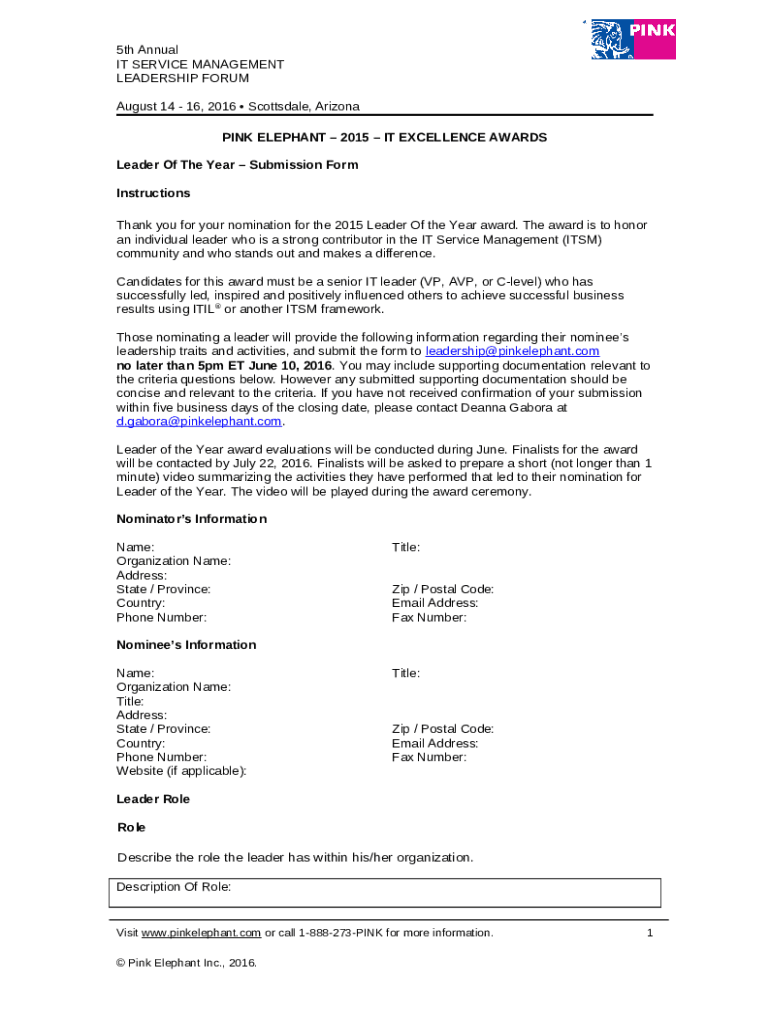 2015 Excellence Award Nomination s- Word Docs Doc Template | pdfFiller